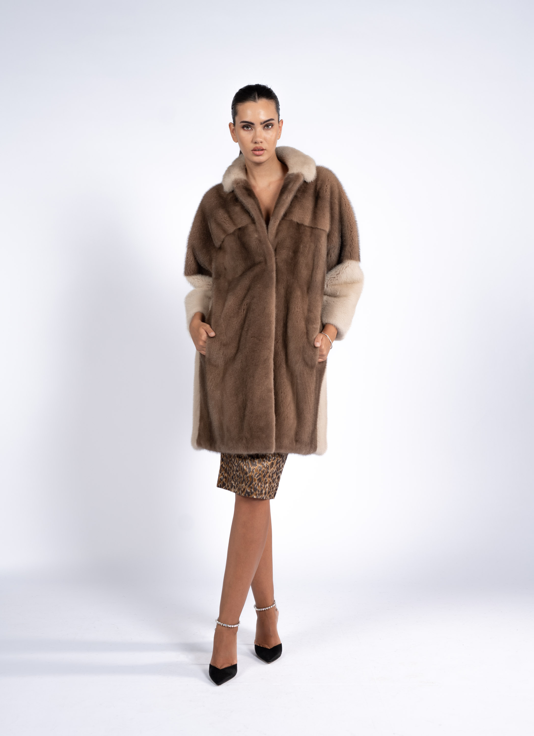 Haina blana naturala vizon duo culori. maro-bj, 90cm