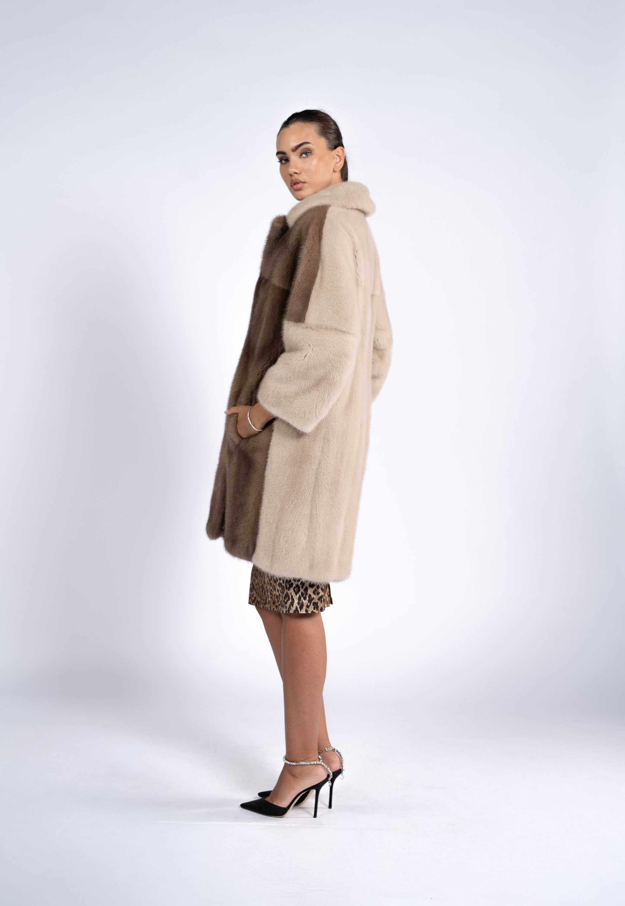 Haina blana naturala vizon duo culori. maro-bj, 90cm