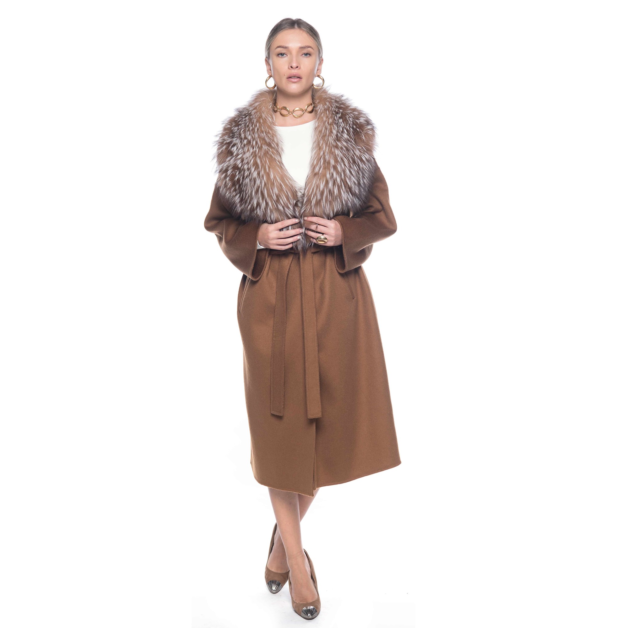 Palton casmir culoare maro camel cu guler detasabil amplu de vulpe argintie