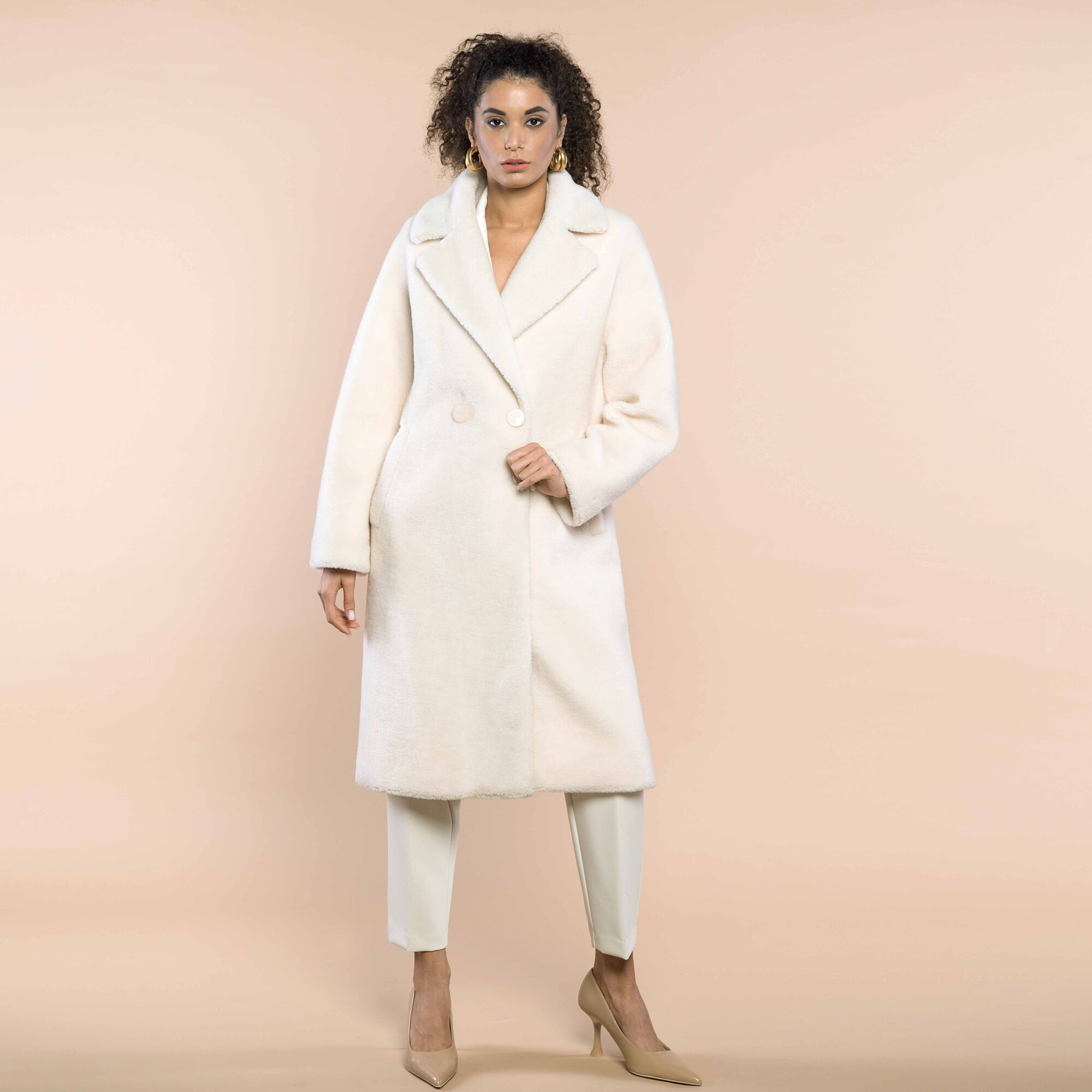 Palton blana naturala miel Australian tip lana, rever dublu, off white ...