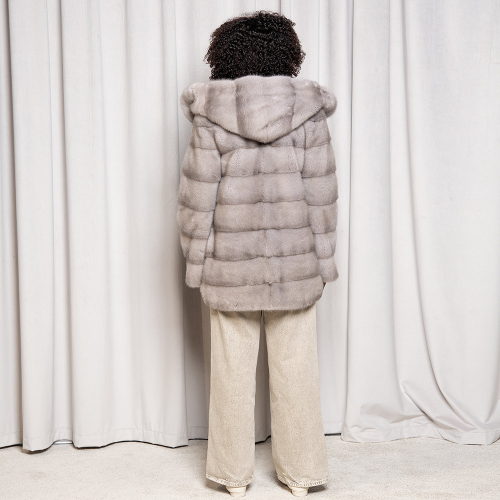 Haina blana naturala vizon, gri, gluga ampla, 80cm