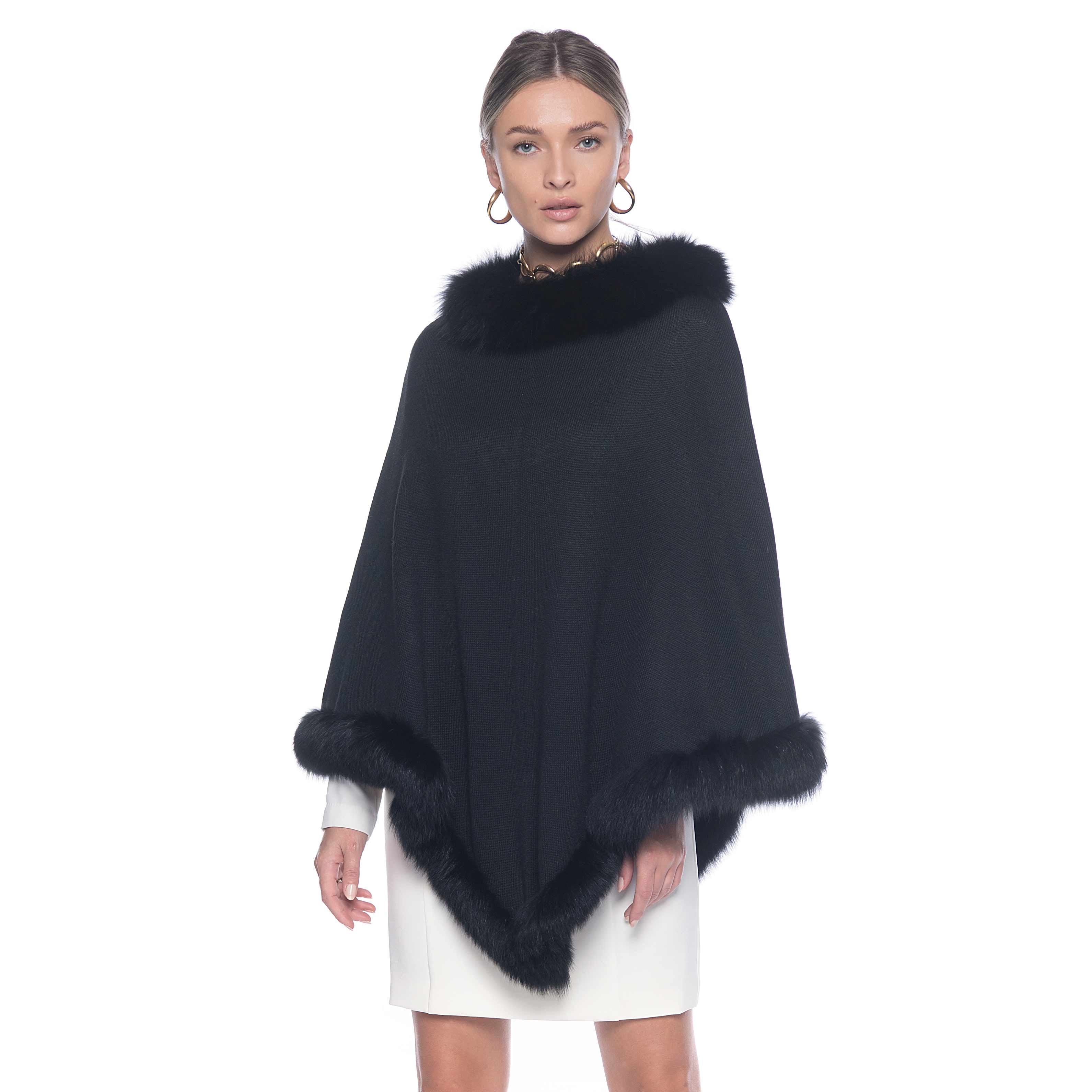 Capa tip Poncho lana 100% neagra cu blana naturala vulpe