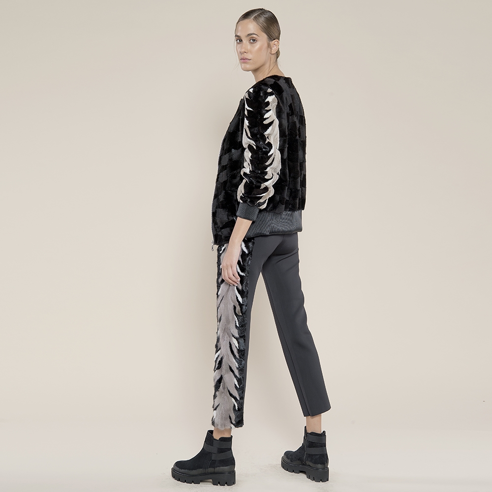 Geaca bomber blana naturala vizon, negru cu maneci hand-made trio ...