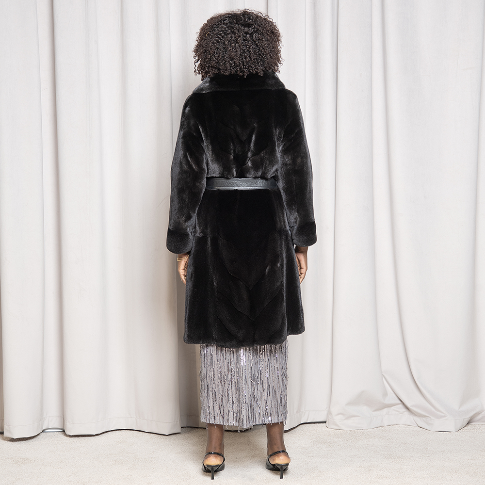 Haina blana naturala vizon cu cordon, negru, 90cm